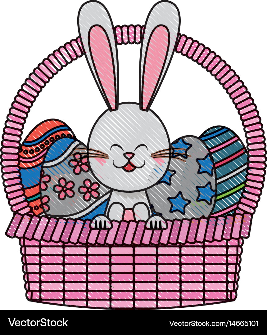 Drawing easter rabbit with basket egg festive Vector Image