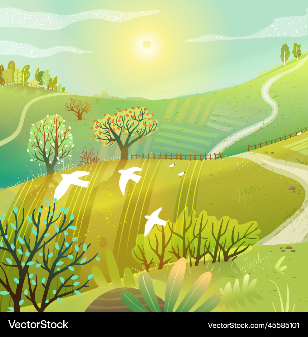 Wild country land rustic scenery morning sunlight Vector Image