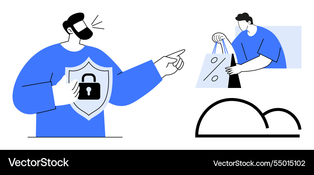 Hand-drawn style of man holding shield pointing Vector Image