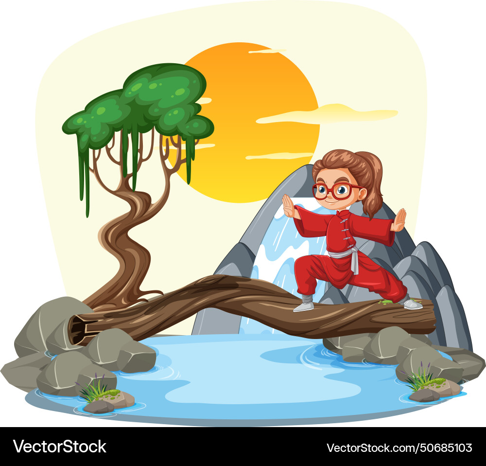 Cartoon kid crossing a river on log bridge Vector Image