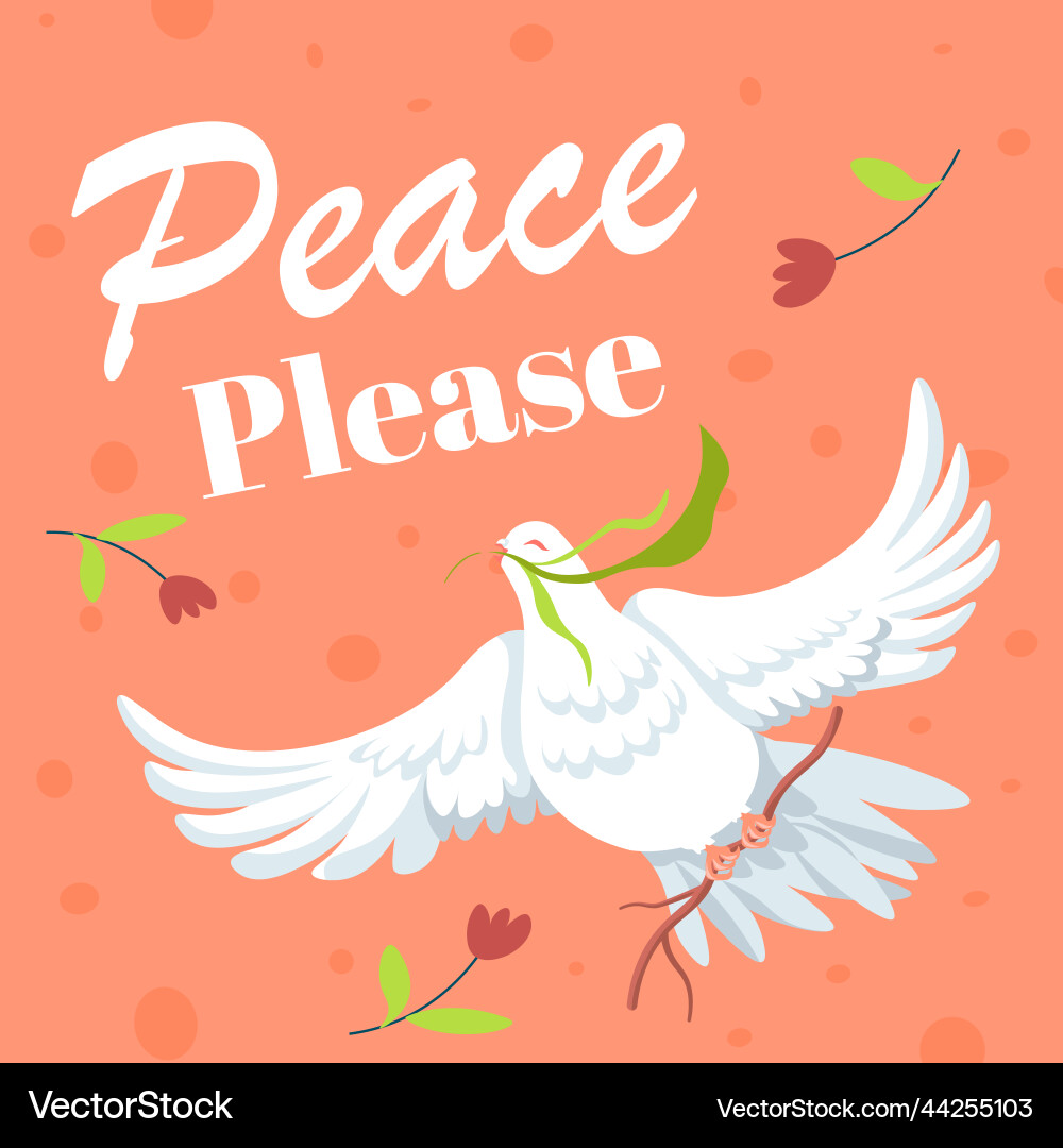 Peace please flying white dove with branch flower Vector Image