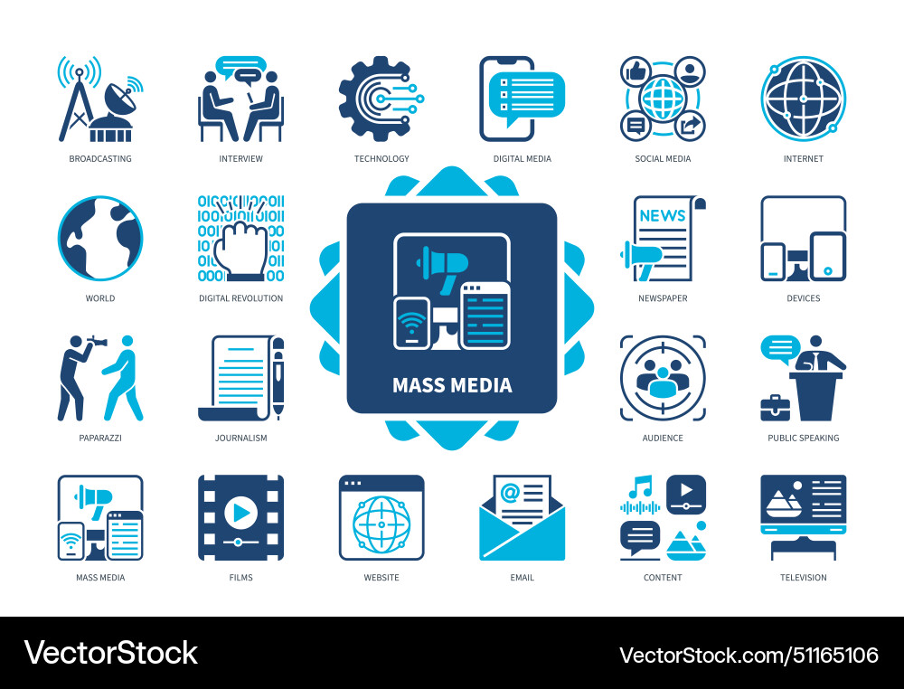 Mass media solid icon set Royalty Free Vector Image