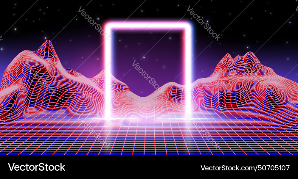 Neon synthwave background with arch and retro grid