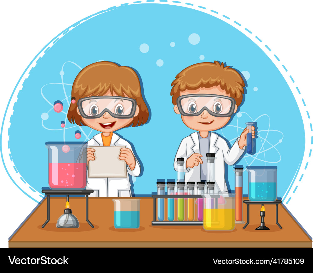 Scientist kids cartoon character with laboratory Vector Image
