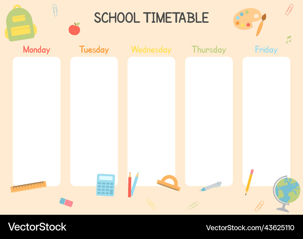 Cute childish school timetable weekly planner Vector Image