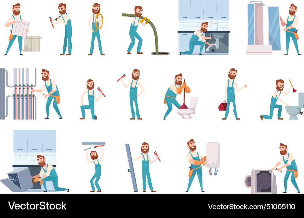 Plumber scenes repair service mascots working Vector Image