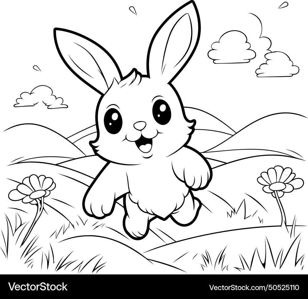 Rabbit running in the grass - black and white Vector Image