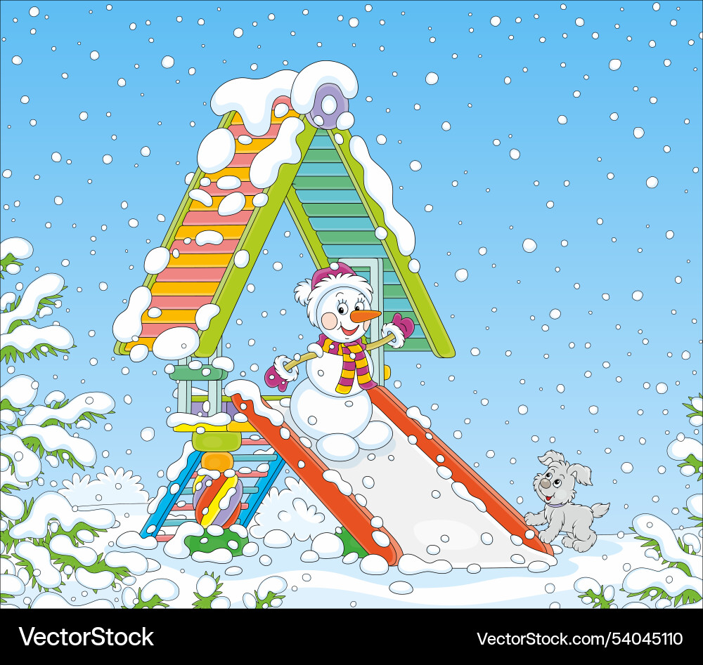 Snowman on a slide in snow-covered park Royalty Free Vector