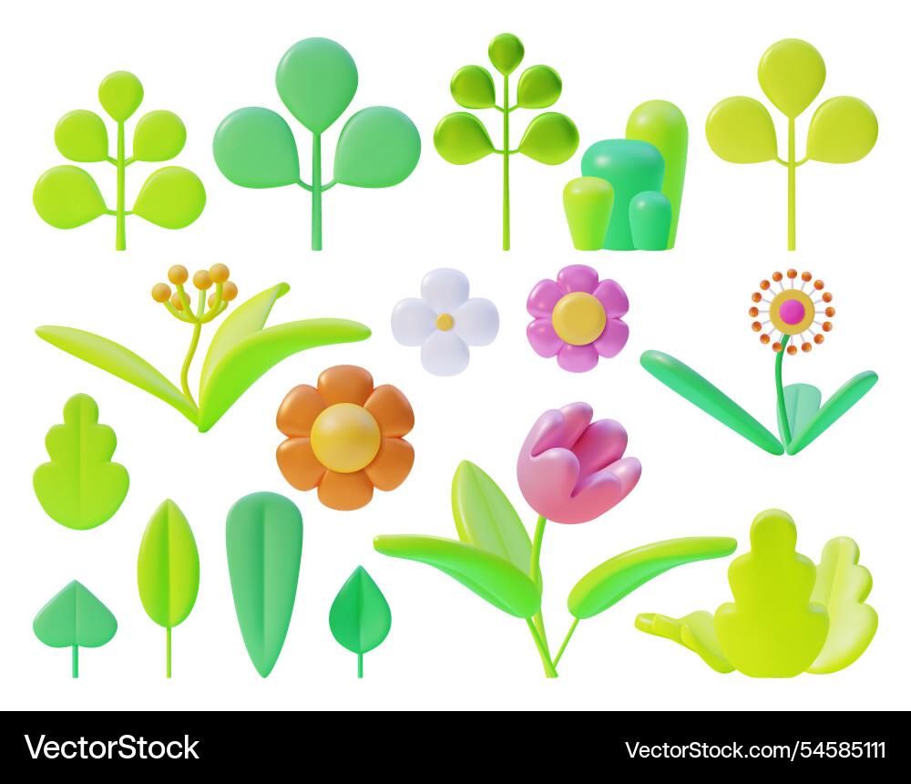 3d different flowers set plasticine cartoon style Vector Image