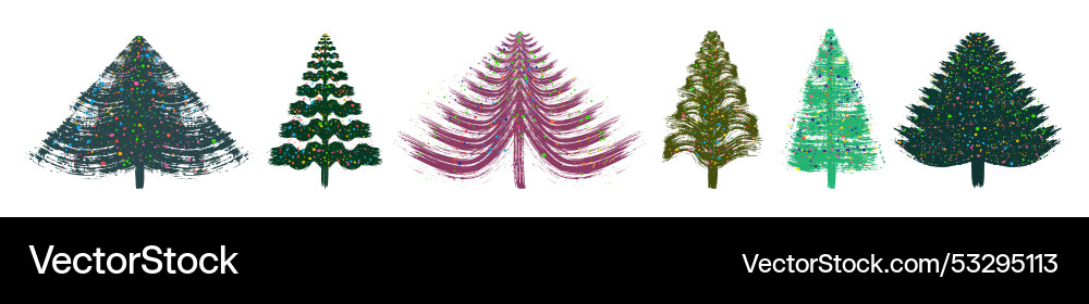 Christmas tree set grunge brush drawing art Vector Image