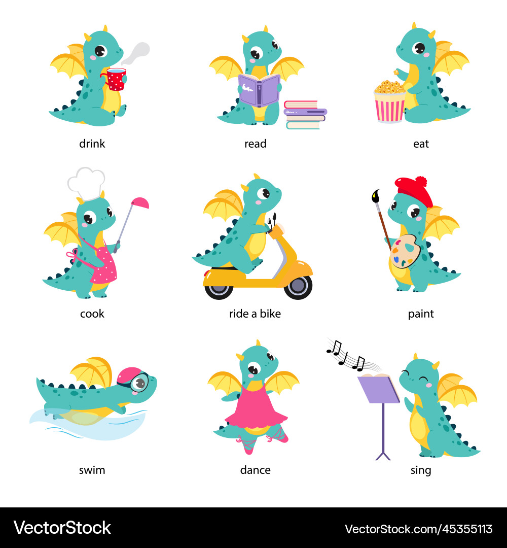 Funny dragon character and english verbs learning Vector Image