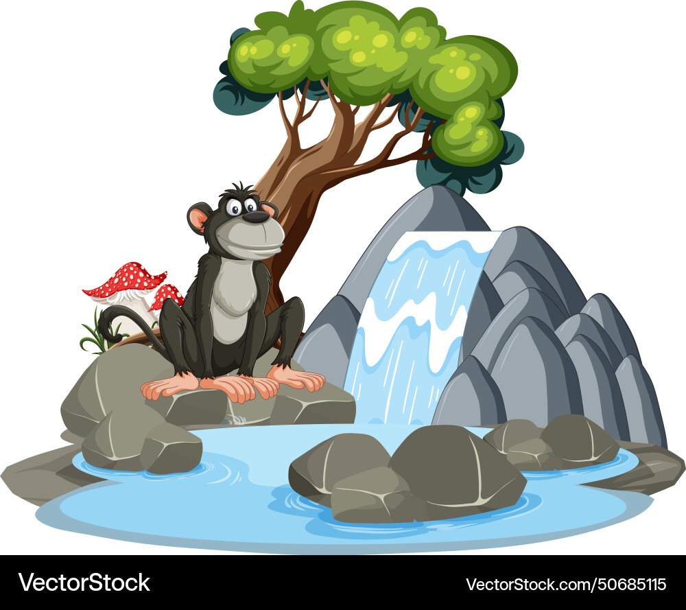 A monkey near waterfall Royalty Free Vector Image