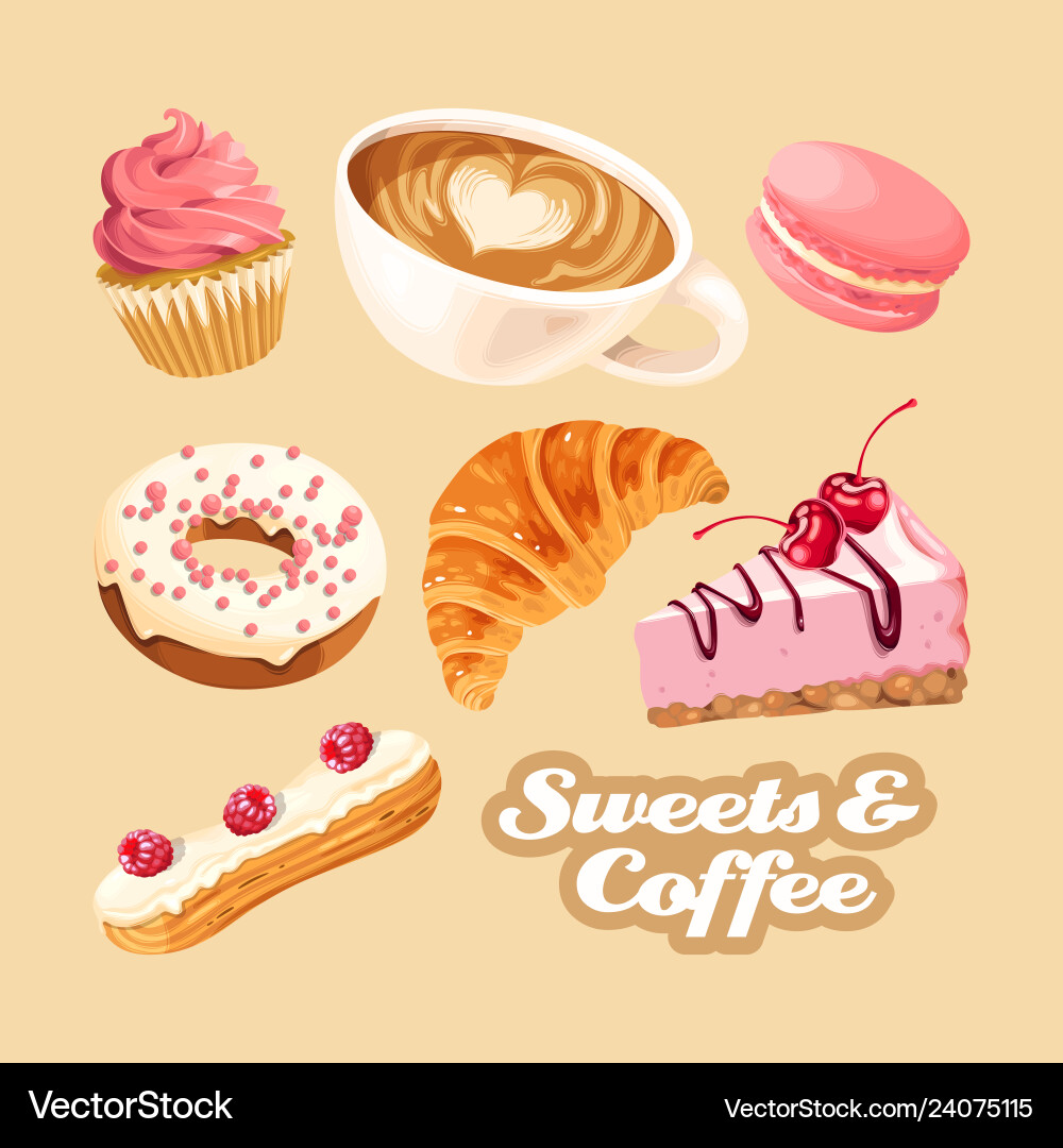 Set of coffee and different sweets Royalty Free Vector Image