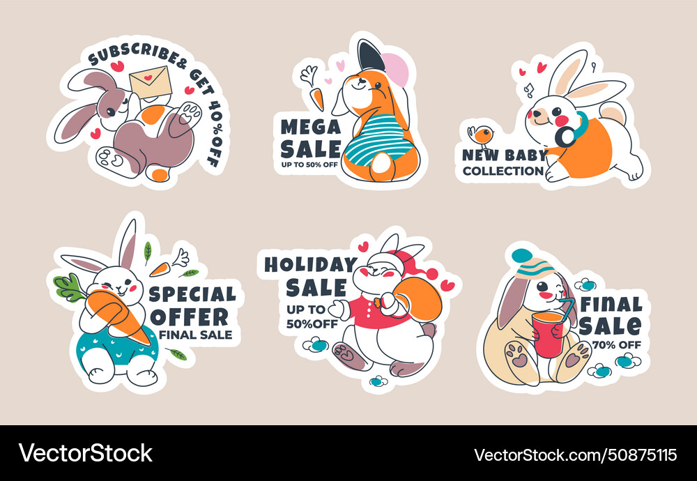 Sticker design set with cute rabbit special offer Vector Image