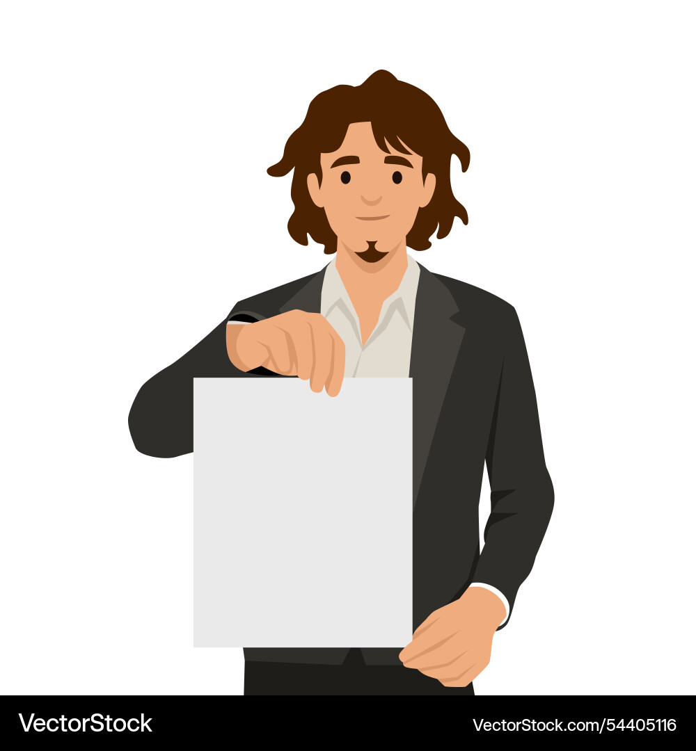 Young man holding or showing displaying white Vector Image