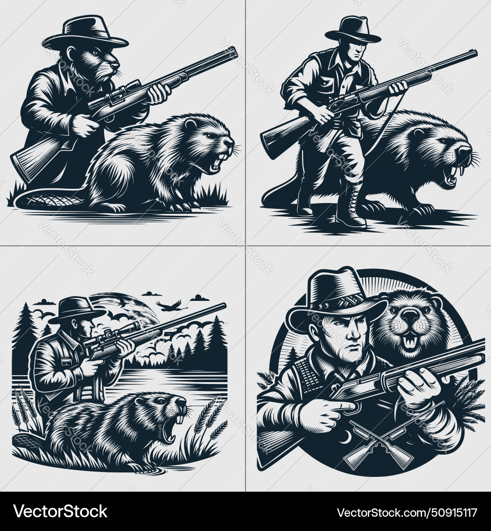 Beaver hunting wild bear Royalty Free Vector Image
