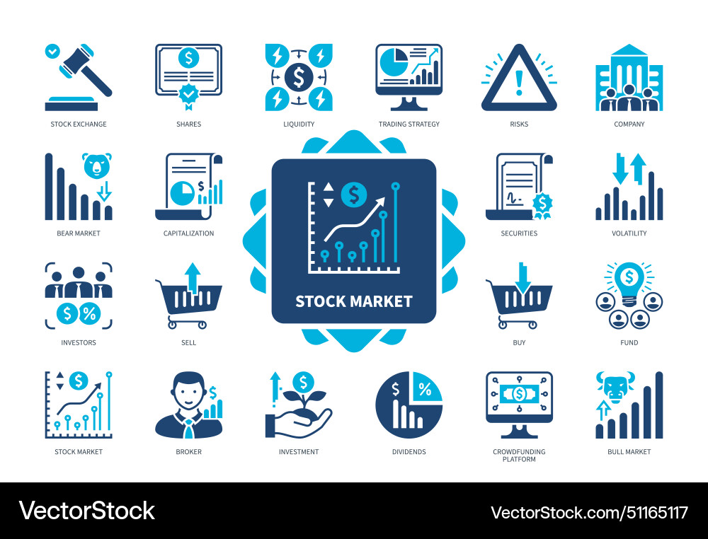 Stock market solid icon set Royalty Free Vector Image