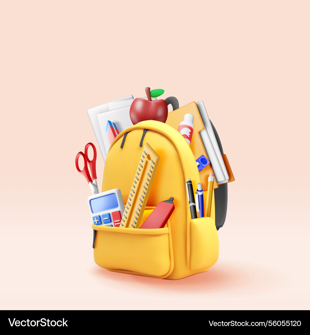 3d school backpack full of stationery items Vector Image