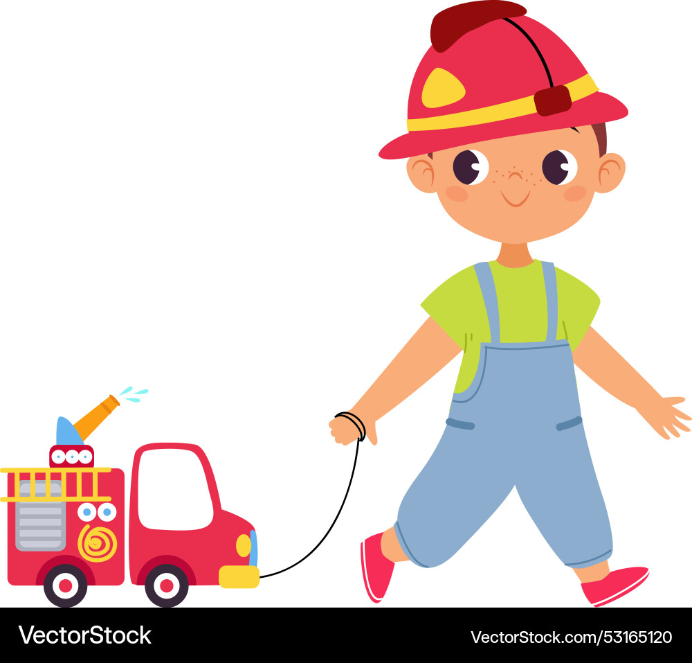Boy character play firefighter with toy engine Vector Image