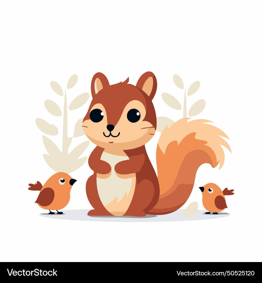 Cute squirrel and birds in flat cartoon style Vector Image