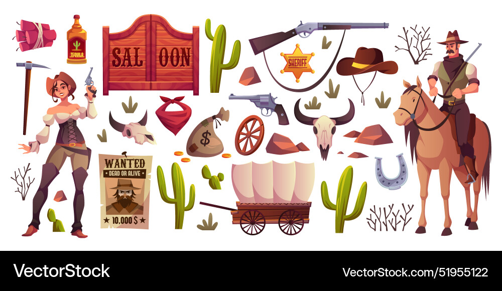 Wild west elements cartoon western objects cowboy Vector Image