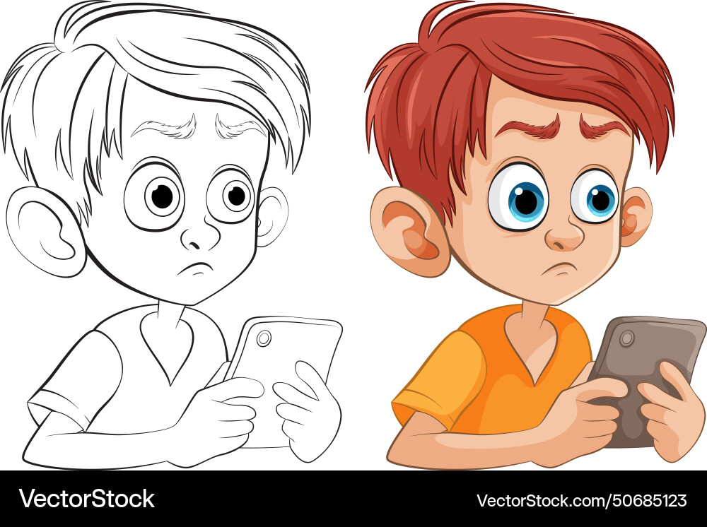 Two cartoon boys looking worried while holding Vector Image