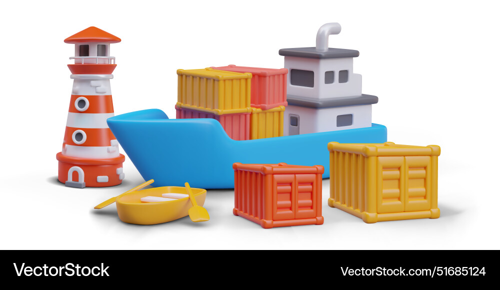 Cargo ship with containers rowing boat lighthouse Vector Image