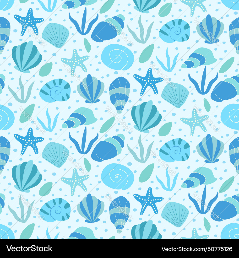 Blue ocean seashells and starfish seamless pattern