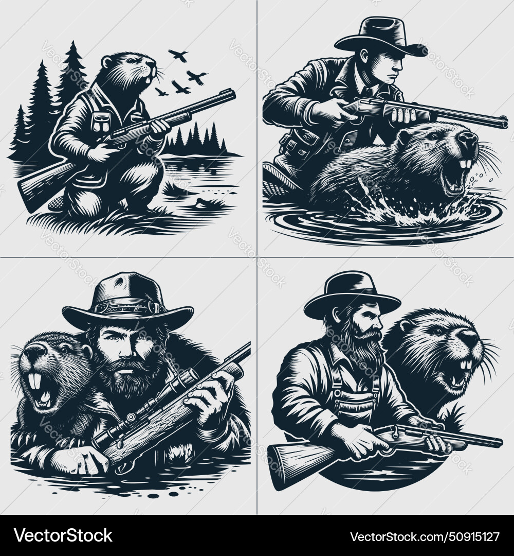 Beaver hunting wild bear Royalty Free Vector Image