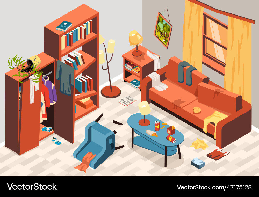 Messy room isometric background Royalty Free Vector Image