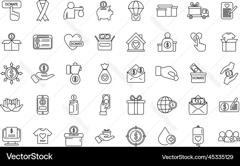 Fundraising icons set outline donate Royalty Free Vector