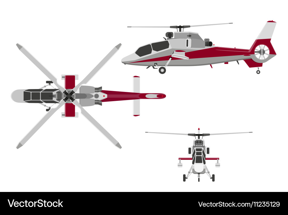 Helicopter in three views top view side front Vector Image