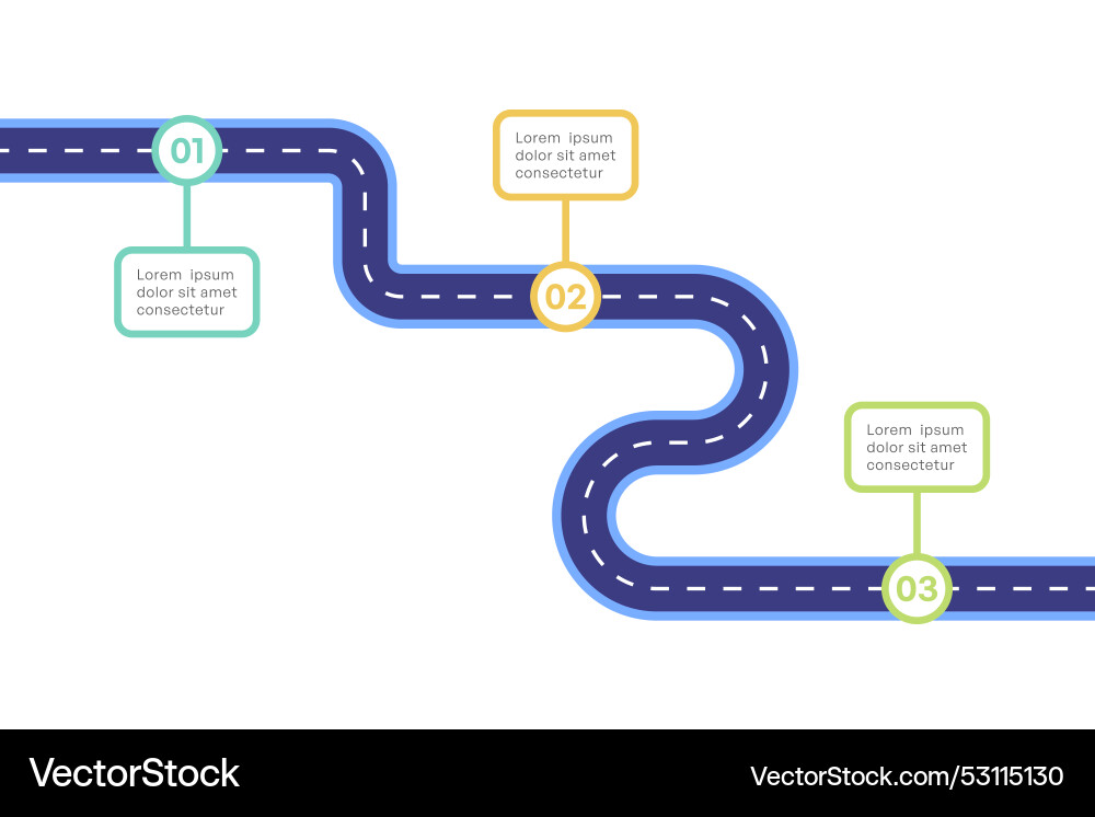 Bunte Roadmap Infografik mit 3 Schritt Prozess Vektorbild