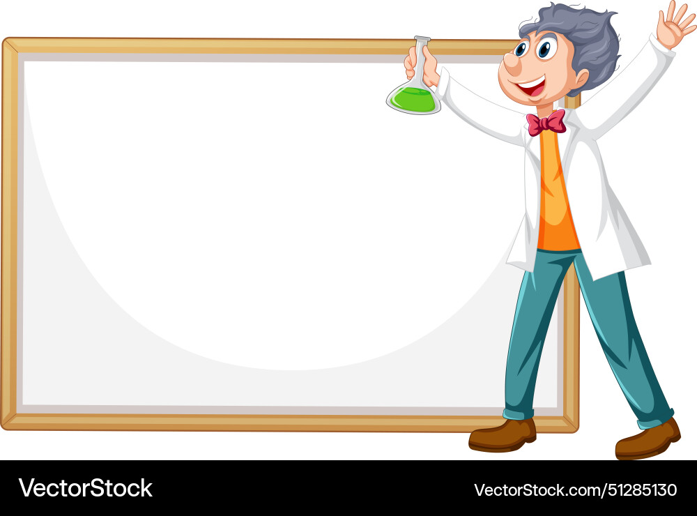 Cartoon scientist with flask by a blank board Vector Image