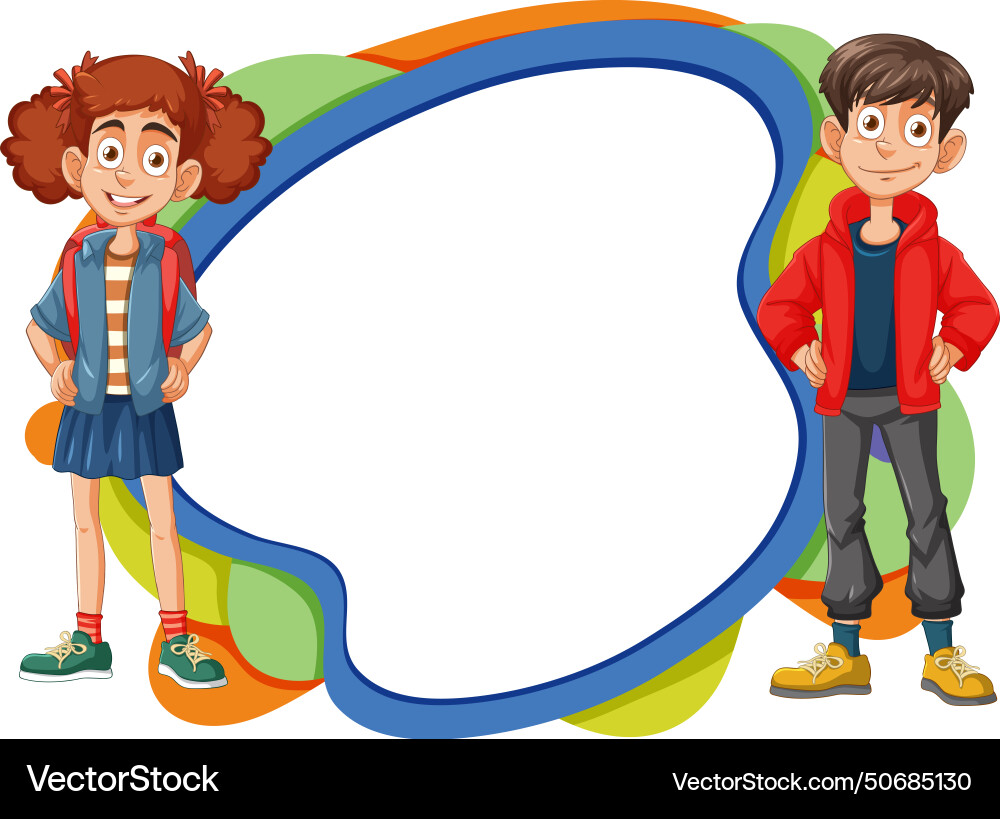 Two cartoon children standing beside an empty Vector Image