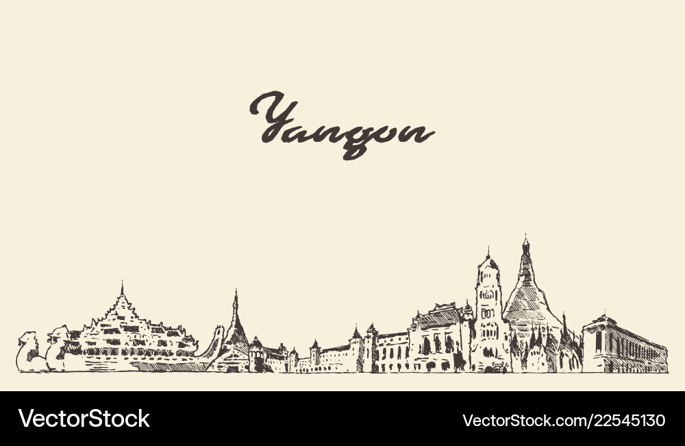 Yangon skyline myanmar city drawn sketch Vector Image