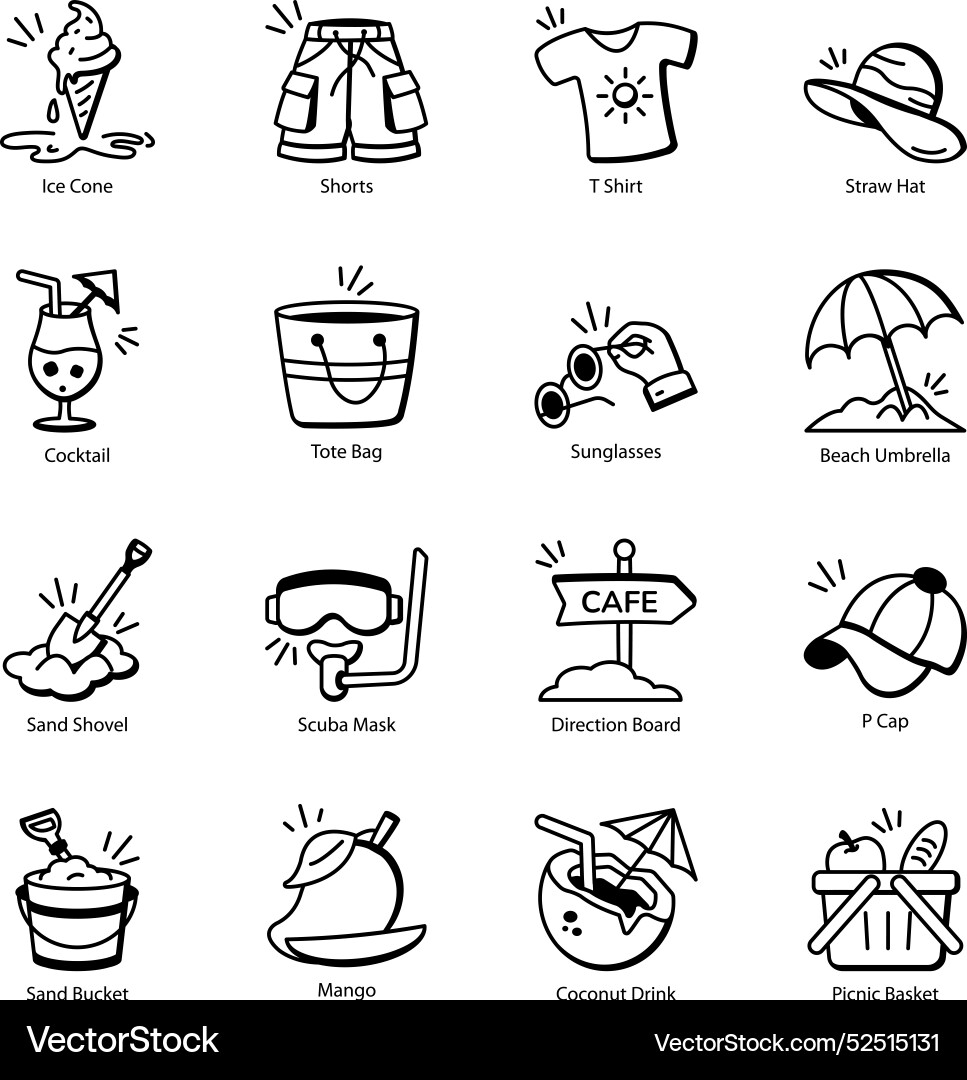 Bundle of summer doodle icons Royalty Free Vector Image