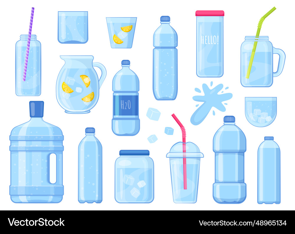 Cartoon water package set glass bottles Royalty Free Vector