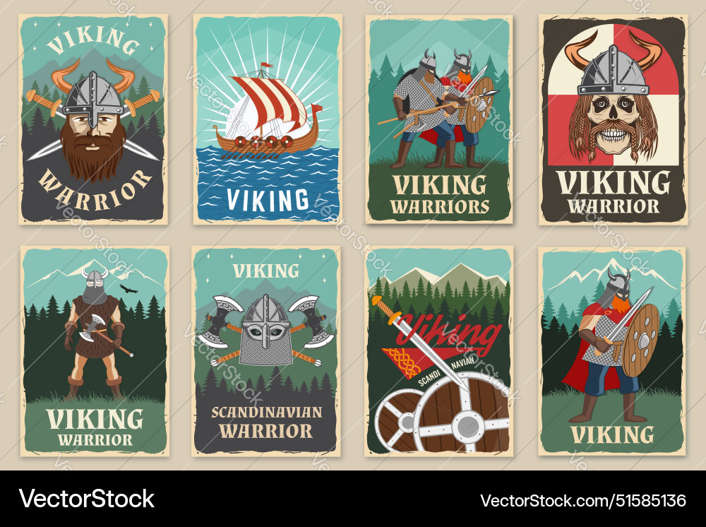 Set of viking warrior retro posters Royalty Free Vector