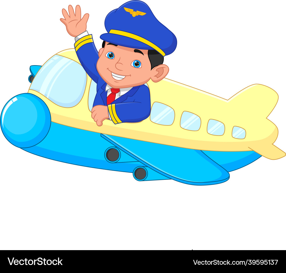 Cartoon young pilot waving from the plane Vector Image