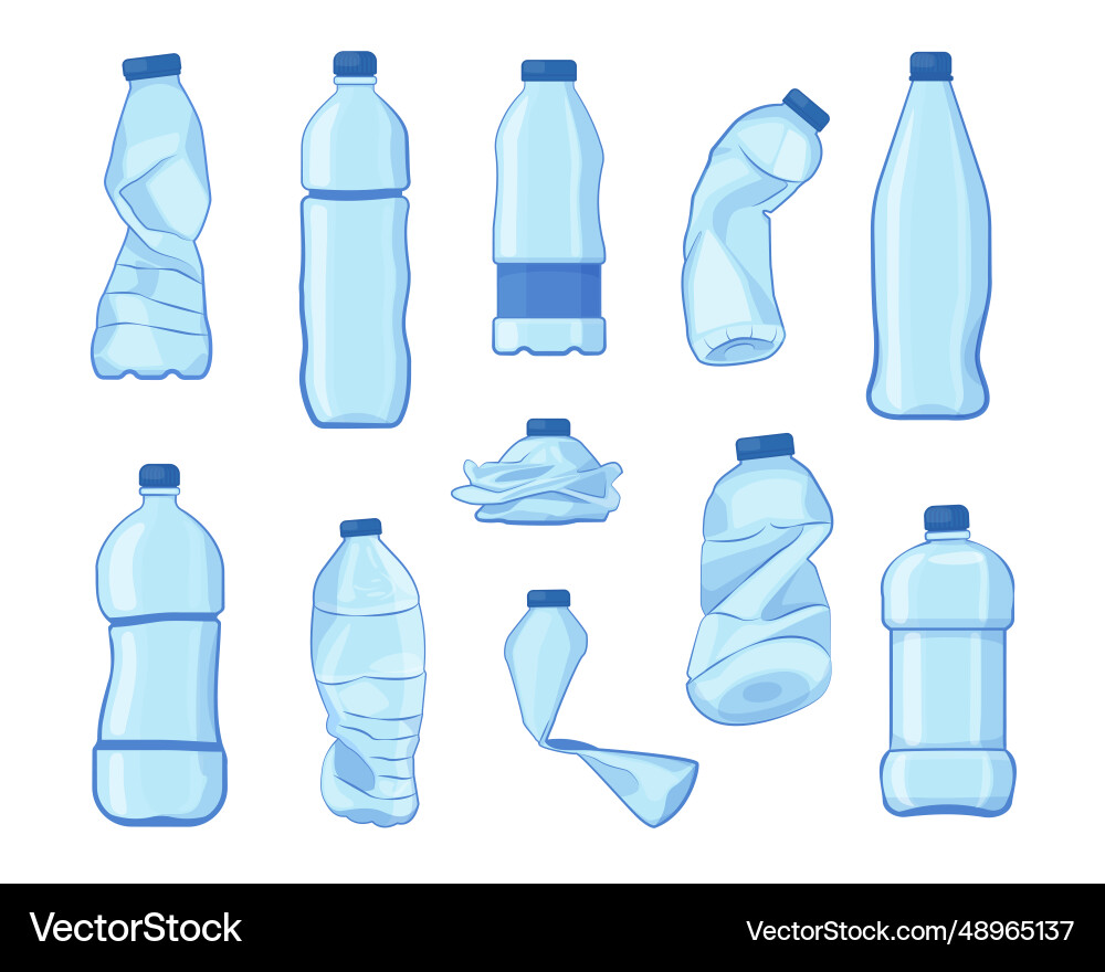 Crumpled bottles broken plastic crushed Royalty Free Vector