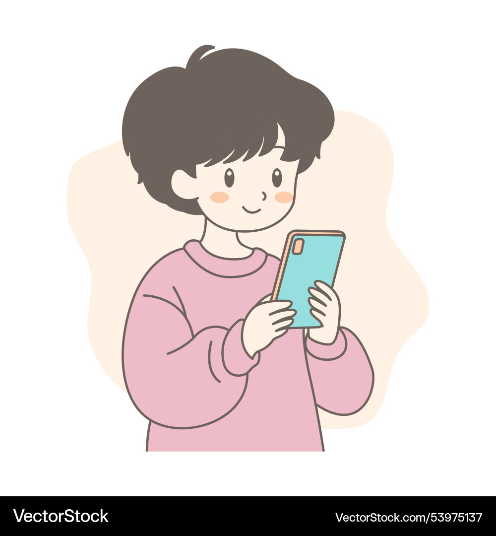 Cute boy cartoon character playing gadget with Vector Image