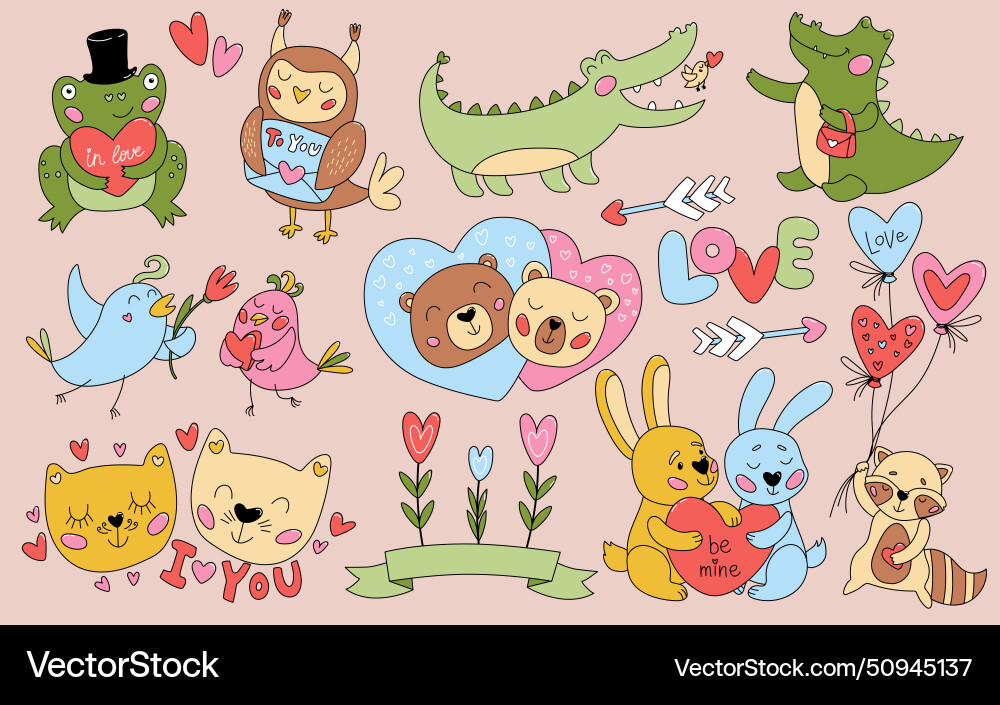 Set of cute animals in love Royalty Free Vector Image