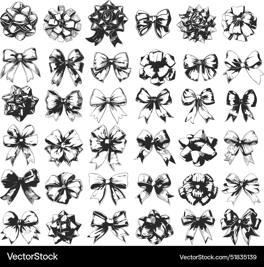 Bows ink sketch set gift paper fabric Royalty Free Vector