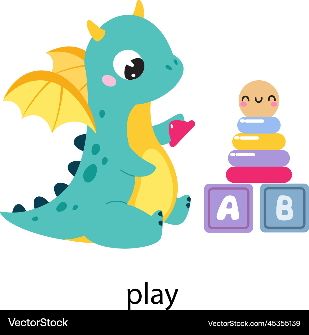 Funny dragon character playing toys demonstrating Vector Image