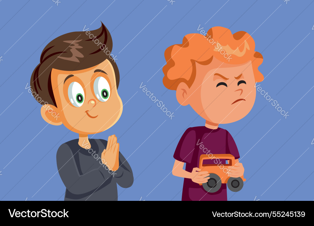 Selfish kid does not share toy cartoon Royalty Free Vector