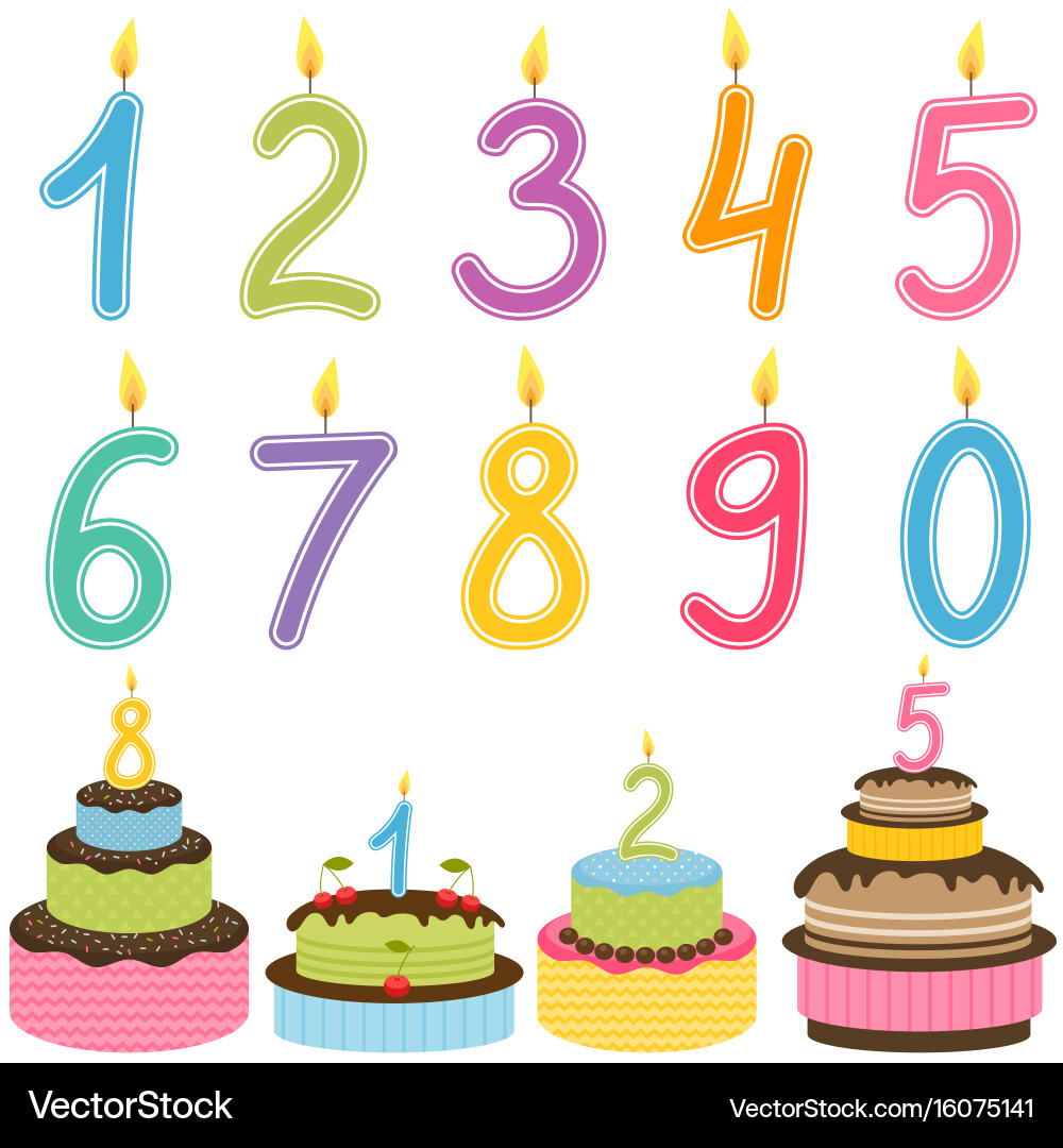 Birthday numbers candle with cakes Royalty Free Vector Image
