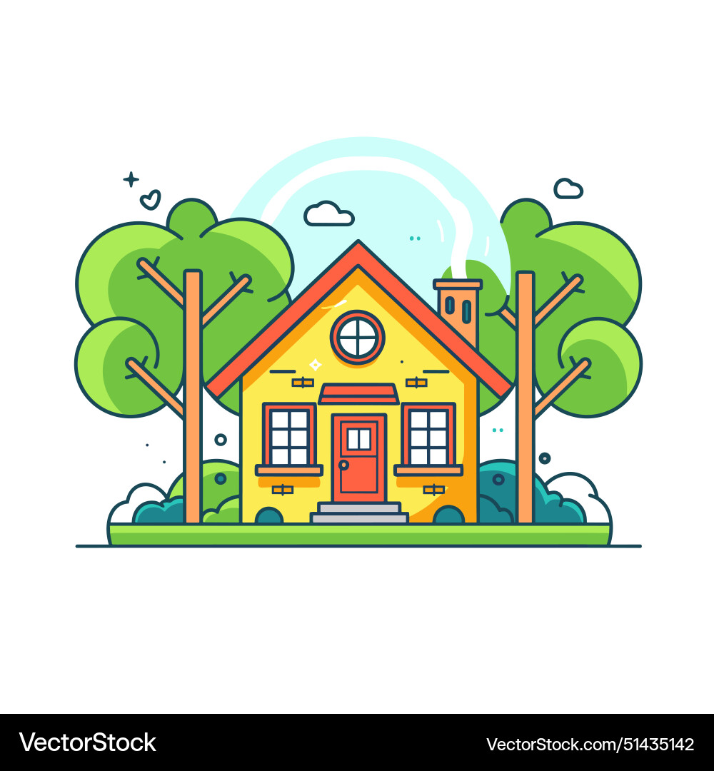 Cozy cartoon house surrounded green trees Vector Image