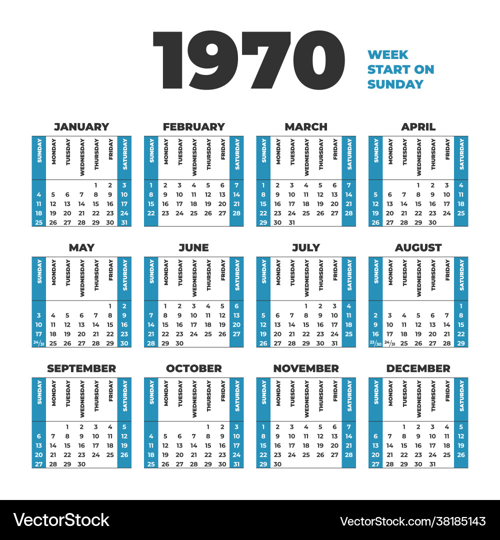 1970 year calendar weeks start on sunday Vector Image