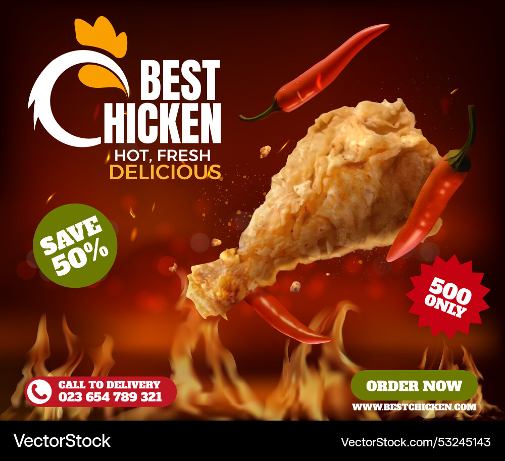 Spicy Chicken Fire Fast Food Ad Royalty Free Vector Image